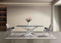 China T1035 Avant-Garde Oval Tempered Glass Dining Table with Intersected Mirror Stainless Steel Base for sale