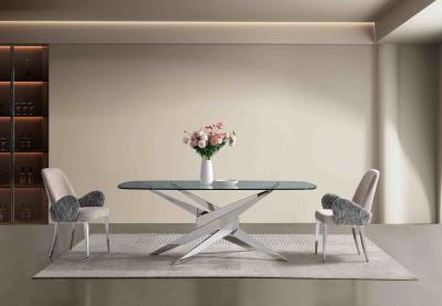 China T1035 Avant-Garde Oval Tempered Glass Dining Table with Intersected Mirror Stainless Steel Base for sale