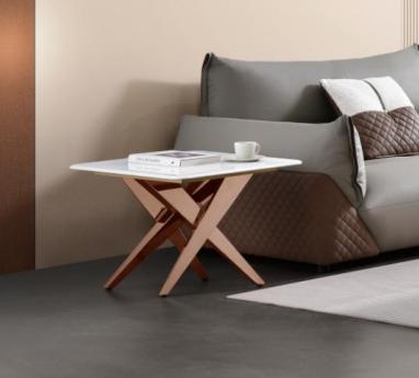 China T1036 Stainless Steel Side Table Modern Cross Blade Rose Gold Side Table with White Sintered Stone Square Top for sale