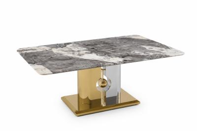 China T1029 Luxury Breccia Grey Marble Coffee Table Two-Tone Gold & Silver Stainless Steel Base with Decorative Gold Sphere for sale