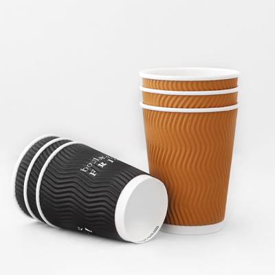 China Disposable 10oz Ripple Wall Paper Cups PLA Coating Branded Paper Coffee Cups for sale