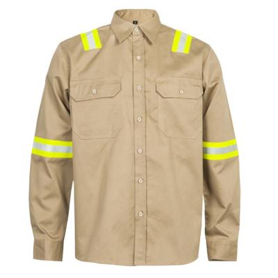 China Khaki Reflective FR Welding Shirt 100% Cotton CAT2 ATPV for sale