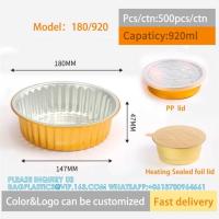 China 180mm Diameter 920ml Smooth Wall Gold Disposable Tin Foil Tray Aluminium Foil Food Container With Pla Heat Seal Lid for sale