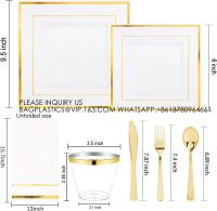 China Gold Plastic Plates - Disposable Square Gold Plates Include Dinner Plates Dessert Plates Cups Plastic Cutlery for sale