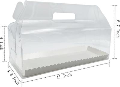 China Clear Roll Cake Gable Boxes With Handle & Cake Boards, Transparent Plastic Gift Boxes，Easy Carrying Pastry Containers For Bakery Christmas Wedding, Size: 11” X 4.3” X 4” for sale