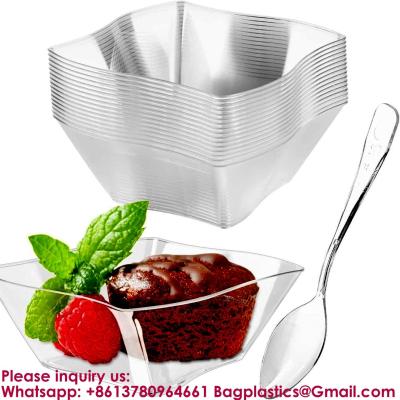 China 8 Oz Dessert Cups With Spoons, Pack Clear Plastic Small Party Serving Bowls For Sundae, Parfait, Fruit, Strawberry Shortcake, Disposable Snack Bowls Flower Shape for sale