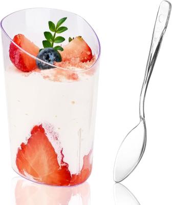 China Plastic Dessert Cups With Spoons, 3 Oz Clear Mini Parfait Appetizer Cups, Reusable Slanted Triangle Shooter Serving Bowls For Tasting, Small Dessert Shot Glasses for sale