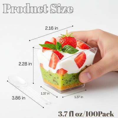 China 4 Oz Square Plastic Dessert Cups With Spoons, Clear Parfait Appetizer Cups, Mini Party Trifle Shooter Serving Cup For Mousse, Puddings, Cocktails Appetizers Fruit for sale