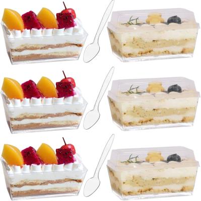 China 4.8oz/140ml Clear Dessert Cups With Lids And Spoons, Reusable Plastic Rectangle Dessert Cups,Mini Serving Bowl For Desserts Mousses,Puddings,Party for sale