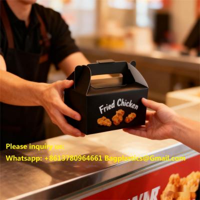 China Food Storage Boxes, Custom Printed Fried Chicken Takeout Boxes With Handle Matte Black Disposable Cardboard Food Containers For Fast Food Packaging for sale