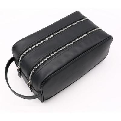 China Manufacturer Customized Genuine Leather Large Capacity Travel Cosmetic Bag Simple Light Luxury Toiletry Bag Multifunctional Double Layer Storage Bag for sale