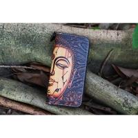 China Buddha Demon Handmade Vegetable Tanned Cowhide Carved Japanese Wallet Genuine Leather Long Zipper One Thought Handheld Wallet Clip for sale