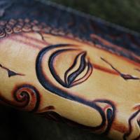 China Buddha Demon Handmade Vegetable Tanned Cowhide Carved Japanese Wallet Genuine Leather Long Zipper One Thought Handheld Wallet Clip for sale