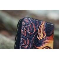 China Buddha Demon Handmade Vegetable Tanned Cowhide Carved Japanese Wallet Genuine Leather Long Zipper One Thought Handheld Wallet Clip for sale