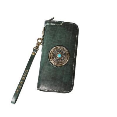 China New Handmade Wallet Men And Women Long Zipper Bag Ethnic Style Vertical Genuine Leather Rotating Nine-Square Wallet Men And Women for sale