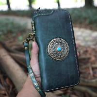 China New Handmade Wallet Men And Women Long Zipper Bag Ethnic Style Vertical Genuine Leather Rotating Nine-Square Wallet Men And Women for sale