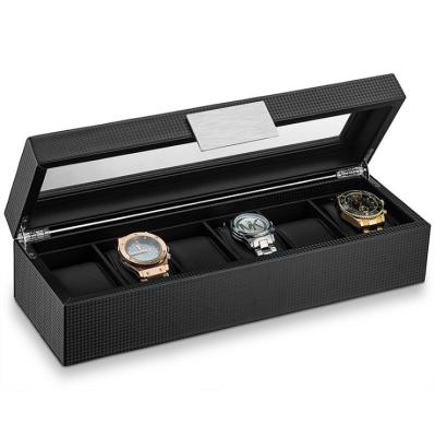 China Customizable Luxury Leather Watch Case with 6 Slots, Velvet Lining & Transparent Display Window for sale