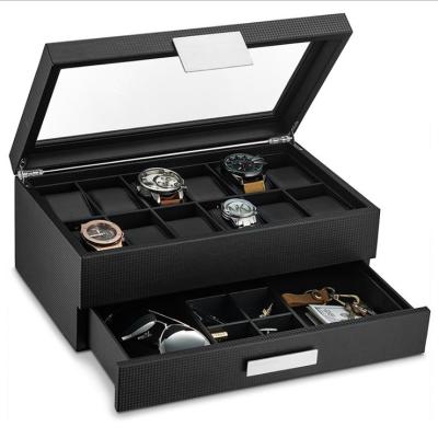 China 12-Slot Leather Watch Box with Transparent Window and Drawer Storage for Watch Collection Organization for sale