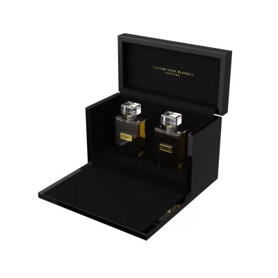 China Custom Luxury Wooden Perfume Box 50ml 100ml 150ml High Gloss Black Finish with Logo for sale