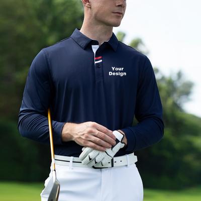 China Custom Logo Men Regular Fit Long Sleeve Golf Polo Shirt, 92%/90% Polyester 8%/10% Spandex Medium Stretch Quick Dry Athletic Golf Training Top Custom Color for sale