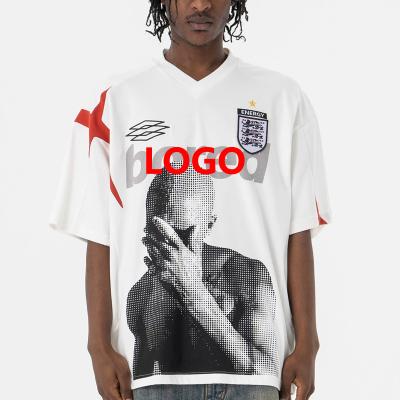 China Customized Men's American Retro Fashion Brand V-Neck Short Sleeved T-shirt Knitted Patchwork Jersey Style Contrasting Colors for sale