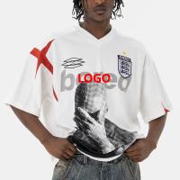 China Customized Men's American Retro Fashion Brand V-Neck Short Sleeved T-shirt Knitted Patchwork Jersey Style Contrasting Colors for sale