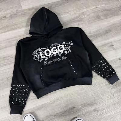 China Custom Design Acid Washed Men's Hoodie Fleece Cotton Raw Edge Vintage Embroidered Logo Rhinestone Applique Zipper-Up for sale
