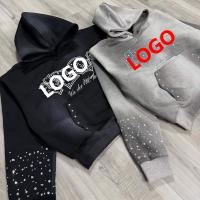 China Custom Design Acid Washed Men's Hoodie Fleece Cotton Raw Edge Vintage Embroidered Logo Rhinestone Applique Zipper-Up for sale