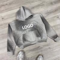 China Custom Design Acid Washed Men's Hoodie Fleece Cotton Raw Edge Vintage Embroidered Logo Rhinestone Applique Zipper-Up for sale
