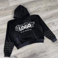 China Custom Design Acid Washed Men's Hoodie Fleece Cotton Raw Edge Vintage Embroidered Logo Rhinestone Applique Zipper-Up for sale