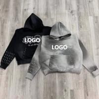 China Custom Design Acid Washed Men's Hoodie Fleece Cotton Raw Edge Vintage Embroidered Logo Rhinestone Applique Zipper-Up for sale