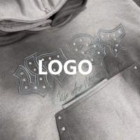 China Custom Design Acid Washed Men's Hoodie Fleece Cotton Raw Edge Vintage Embroidered Logo Rhinestone Applique Zipper-Up for sale