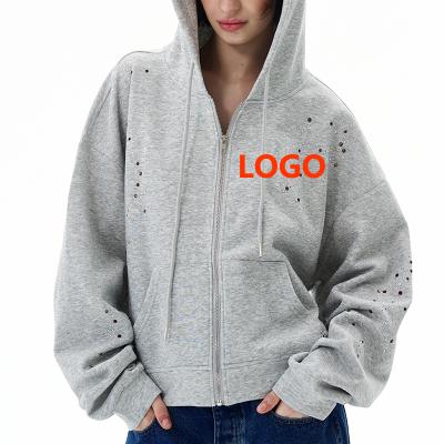 China Customized Designer Unisex Winter ODM Oversized Zipper Rhinestone Hoodie Retro Style Diamond Inlaid pink 100% Cotton Breathable for sale