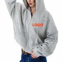 China Customized Designer Unisex Winter ODM Oversized Zipper Rhinestone Hoodie Retro Style Diamond Inlaid pink 100% Cotton Breathable for sale
