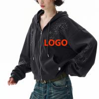 China Customized Designer Unisex Winter ODM Oversized Zipper Rhinestone Hoodie Retro Style Diamond Inlaid pink 100% Cotton Breathable for sale