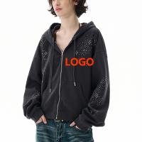 China Customized Designer Unisex Winter ODM Oversized Zipper Rhinestone Hoodie Retro Style Diamond Inlaid pink 100% Cotton Breathable for sale