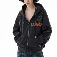 China Customized Designer Unisex Winter ODM Oversized Zipper Rhinestone Hoodie Retro Style Diamond Inlaid pink 100% Cotton Breathable for sale