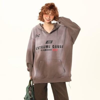 China Vintage Acid Wash Oversized Hooded Winter Button Letter Fleece Pullover Hoodie ODM Supply Unisex for sale