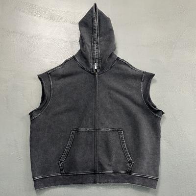 China Retro Winter Washed Stir Fried Snowflake Distressed Effect Zipper Loose Edge Shoulder Mouse Bag Heavyweight Hoodie Hooded Vest for sale