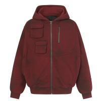 China Winter Knitted Red/Burgundy/Black Vintage Washed Unisex Oversized Zipper-Up Hoodie with 3D Pattern Pocket-Windproof Breathable for sale