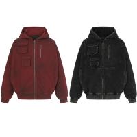 China Winter Knitted Red/Burgundy/Black Vintage Washed Unisex Oversized Zipper-Up Hoodie with 3D Pattern Pocket-Windproof Breathable for sale