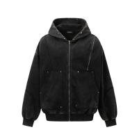 China Unisex Winter Fleece Jackets with Pockets Zippers Washed Black/Dark Grey Hoodie Windproof Oversized Fit Vintage Style 3D for sale