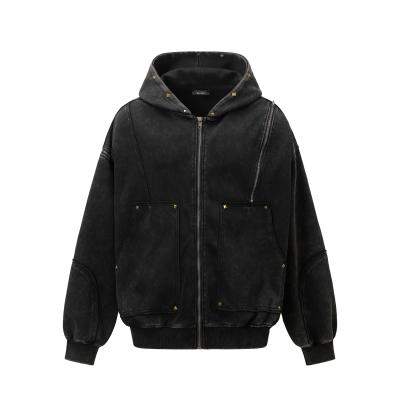 China Unisex Winter Fleece Jackets with Pockets Zippers Washed Black/Dark Grey Hoodie Windproof Oversized Fit Vintage Style 3D for sale