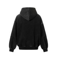 China Unisex Winter Fleece Jackets with Pockets Zippers Washed Black/Dark Grey Hoodie Windproof Oversized Fit Vintage Style 3D for sale