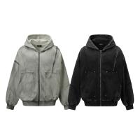 China Unisex Winter Fleece Jackets with Pockets Zippers Washed Black/Dark Grey Hoodie Windproof Oversized Fit Vintage Style 3D for sale