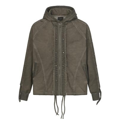 China Washed Grey Zip-Up Hoodie Dark Grey Washed Varsity Jacket Men's Hooded Polyester/Cotton Vintage Windproof Breathable Winter for sale