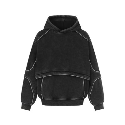 China Dark Grey Washed Heavyweight Fleece Winter Hoodie Reflective Strip 3D Pattern Vintage Style Oversized Fit Breathable Windproof for sale