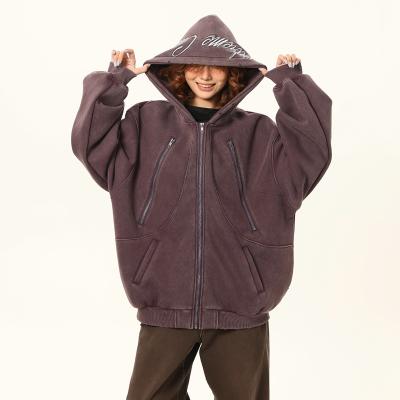 China Unisex Zip Hoodie ODM for Vintage Winter Oversized 3D Embroidered Letter Pattern Fleece Breathable Windproof for sale