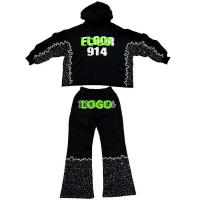 China Custom 100% Cotton Acid Wash Distressed Heavyweight Hoodie Set Vintage Style 3D Printed Embroidery Rhinestone Decor for Winter for sale