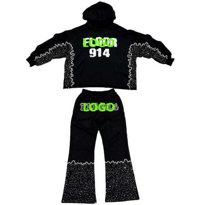 China Custom 100% Cotton Acid Wash Distressed Heavyweight Hoodie Set Vintage Style 3D Printed Embroidery Rhinestone Decor for Winter for sale